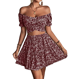 LYANER Women's 2 Piece Outfits Floral Off Shoulder Tie Up Crop Top and Mini Skirt Set Wine Red Floral Small
