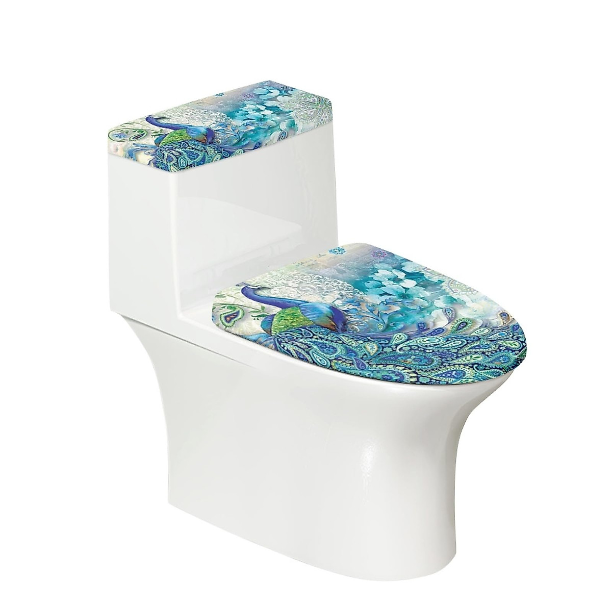 GLENLCWE Peacock Toilet Tank Lid Cover Replacement with Elastic Bottom,Soft Polyester Toilet Covers 2 Pcs Set Universal Fit