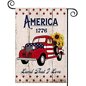 EKOREST 4th of July Garden Flag for Outside,American Red Truck with Summer Sunflowers,12 x 18 Double Sided,Small Independence Day Farmhouse Décor,Patriotic Star Yard Flags for Memorial Day Outdoor