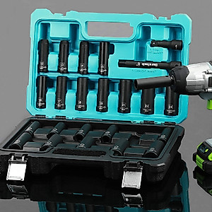 WORKPRO 20V 1/2-Inch Impact Wrench Set with 320 Ft Pounds Max Torque, 2.0Ah Li-ion Battery, 11 PCS Metric and SAE Sockets, 2 PCS Hexagon Extension Bars, Strong Case