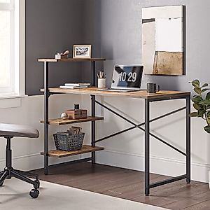 CubiCubi Small Computer Desk with Shelves, 40 Inch Reversible Home Office Desk with 3 Tier Storage Bookshelf, Study Writing Office Table, Brown