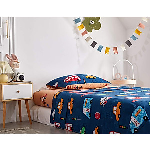 UOZZI BEDDING Queen Sheet Set for Boys Kids Teens Cute 4 Pieces Microfiber Navy Bedding Set with Green Red Orange Blue Cars Bus Colorful Traffic Style
