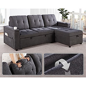 VanAcc Sofa Bed, Modern Tufted Convertible Sleeper Sofa, USB Charging Ports & Cup Holders, Pull Out Couch Bed with Storage Chaise, Chenille Couches for Living Room (Dark Grey)