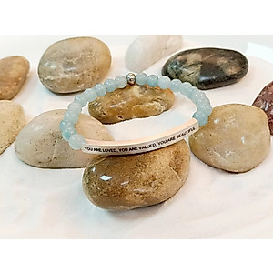 Aquamarine Beads-YOU ARE LOVED YOU ARE VALUED YOU ARE BEAUTIFUL- Faith Motivated Messages Engraved Stainless Steel Bar Beaded Inspirational Bracelets,Gifts for Women Men Girls Boys Mother Daughter Friends,Birthday Present. (silver-Aquamarine-YOU ARE LOVED