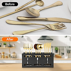 3 Compartment Wooden Kitchen Utensil Holder Organizer with 2 Adjustable Dividers,Silverware Organizer Farmhouse Utensil Caddy Crock for Counter Decor,Wall Mounted Kitchen Organizer and Storage Cutlery