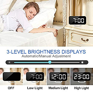 Digital Alarm Clock,7" LED Mirror Electronic Clocks,with 2 USB Charging Ports,Snooze Mode,Auto Adjust Brightness,Modern Desk Wall Clocks for Bedrooms Living Room Office - White