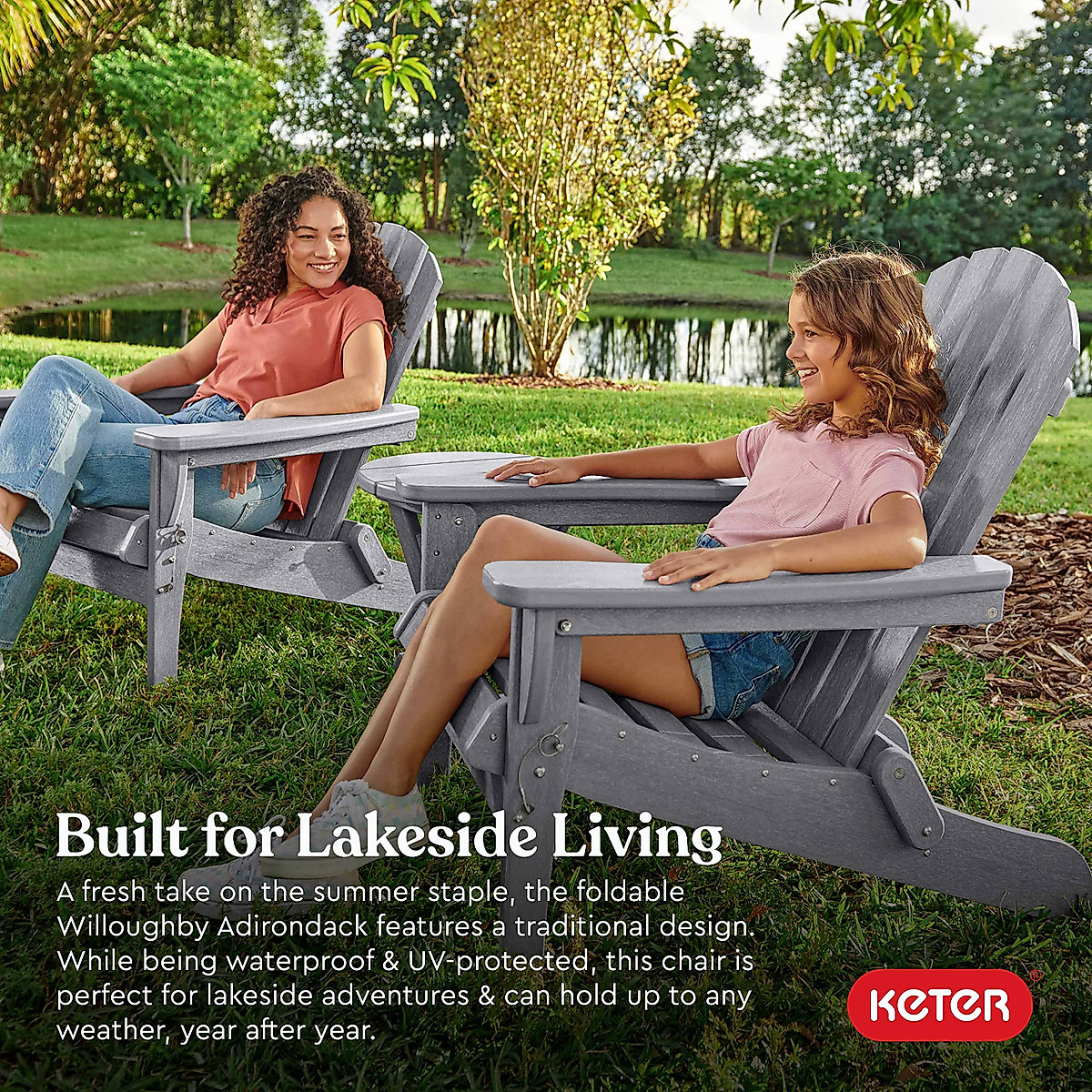 Keter Willoughby Folding Adirondack Chair with Weatherproof Finish, Outdoor Furniture for Entertaining by The Pool, Patio, and Fire Pit, Easy Assembly for Sturdy and Steady Outdoor Seating, Gray