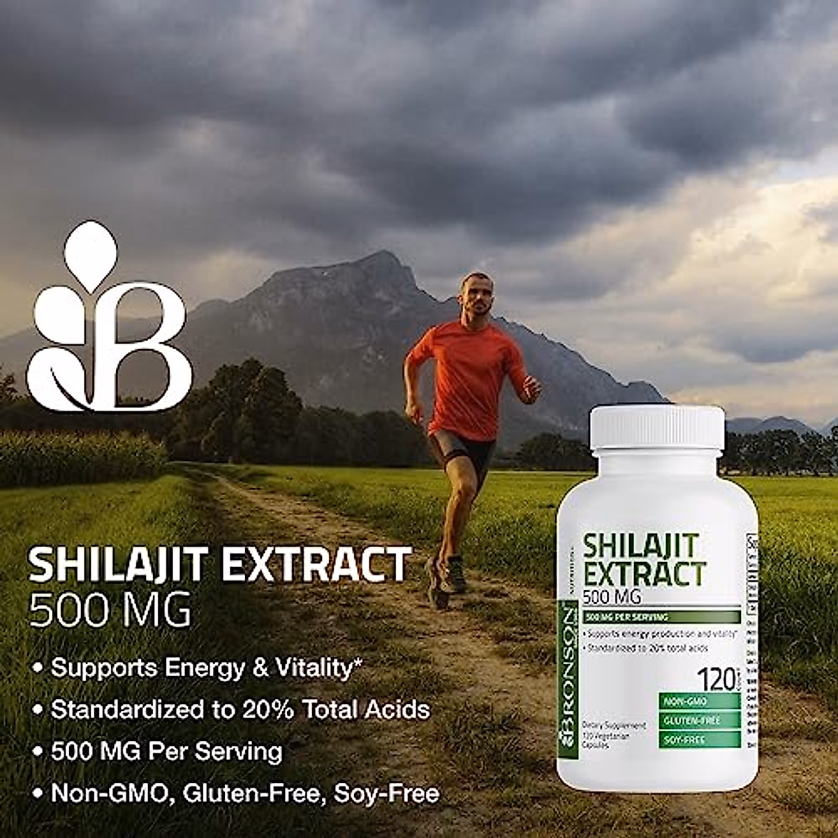 Bronson Shilajit Extract 500 MG Per Serving, Supports Energy Production & Vitality, Standardized to 20% Total Acids, Non-GMO, 60 Vegetarian Capsules