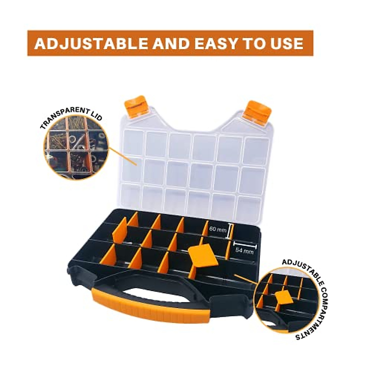 Massca Hardware Organizer box with dividers - 18 Compartments Small Parts Organizer with Accessible Hinged Lid - Durable Plastic Screw Organizer Store Nuts, Bolts, Screws, Nails, and Small Hardware