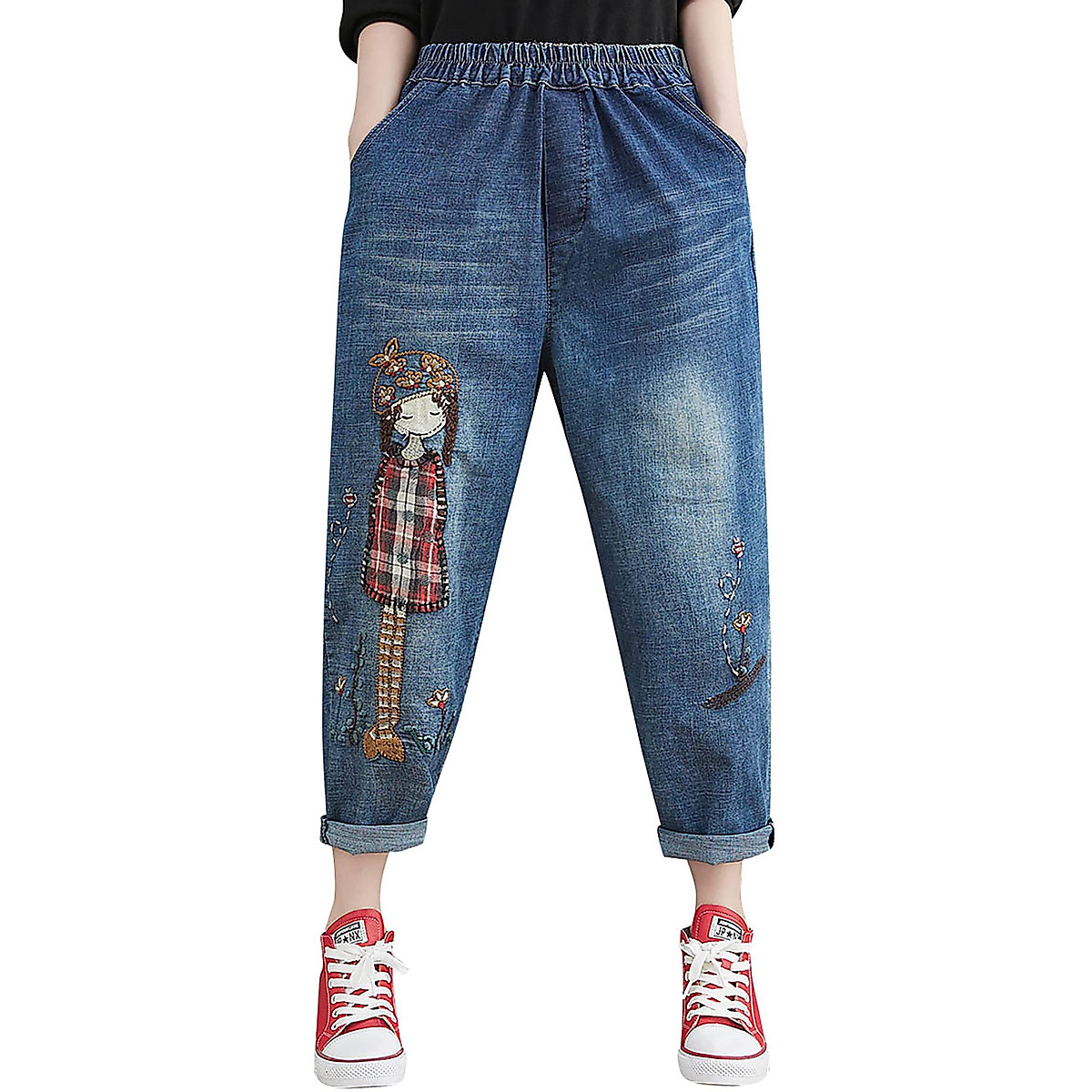 LAI MENG FIVE CATS Women Loose Jeans Denim Harem Pants with Elastic Waist with Pocket