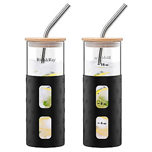 Rich&Ray Glass Tumbler with Straw and Lid, Reusable Iced Coffee Cup, Wide Mouth Water Bottle with Measurement, Wooden Lid with Silicone Protective Sleeve, BPA Free, 2PCS-20oz (Black)