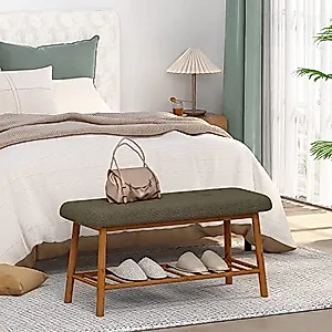 Bamworld Entryway Bench with Storage Bamboo Shoe Bench with Cushion Seat Rustic Storage Benches for Bedroom Living Room Indoor(Brown)