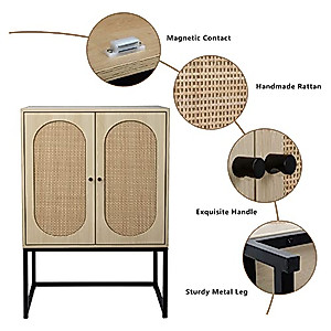 AWQM Natural Rattan 2 Door High Cabinet,Sideboard Buffet Cupboard Accent Cabinet,Adjustable Shelves,Free Standing Bookmatch,Easy Assembly26.77 L x 15.75" W x 41.34" H,Rustic Oak Beige