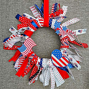 18 Rolls 90 Yards Bulk Patriotic Ribbons Red White Blue Striped Printed Ribbons Assortment 3/8 Grosgrain Ribbon Satin Ribbons Glitter Ribbons Organza Ribbons for 4th of July Craft Gift Wrapping Sewing