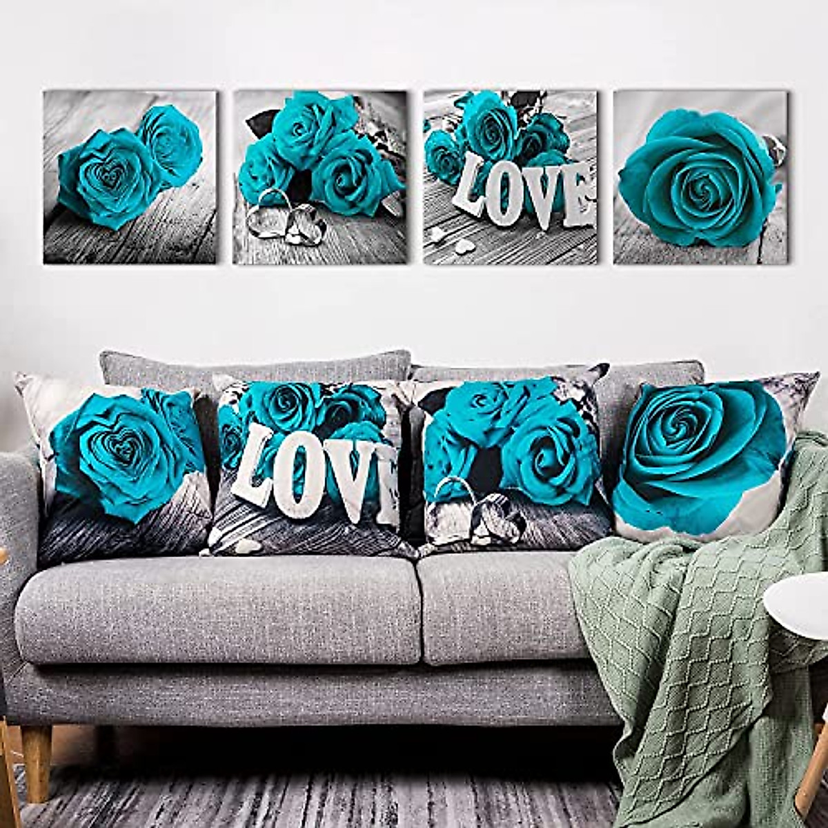 Teal Green Throw Pillow Covers 18x18 Set of 4, Turquoise Rose Flower Couch Pillow Cover Outdoor Patio Furniture Home Decor， Linen Cotton Square Grey Dark Blue Pillowcases Living Room Sofa Decorative