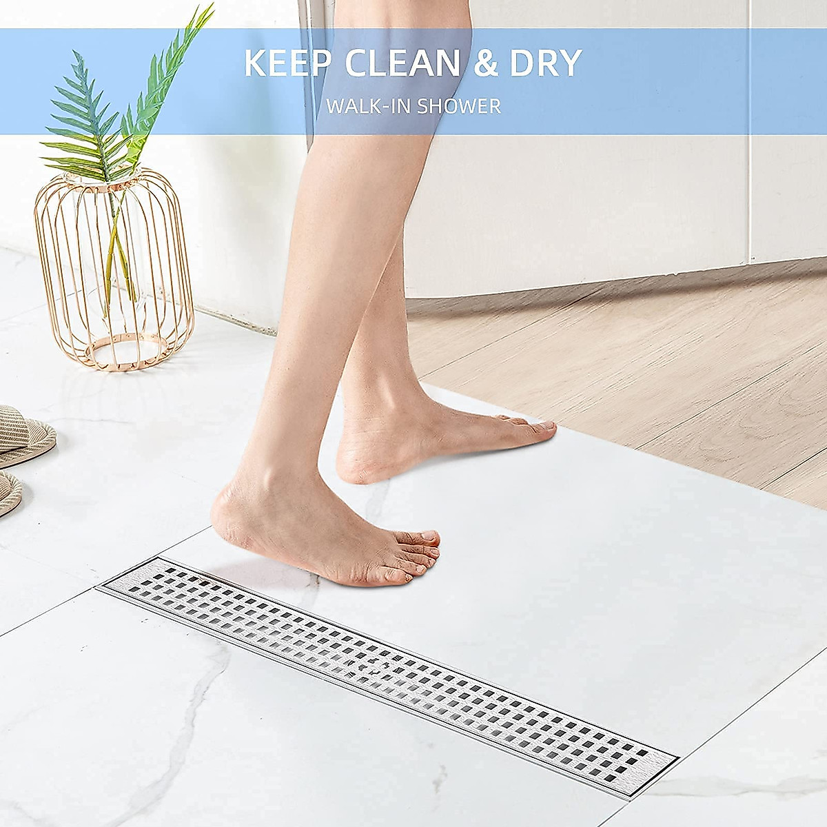 ZEKOO Linear Shower Drain 24 Inch Brushed Nickel,304 Stainless Steel Floor Drain for Bathroom,Rectangular Shower Floor Drain with Grate Removable,Linear Drain