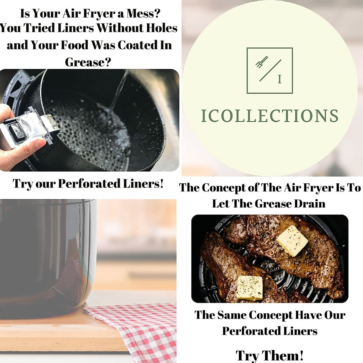 ICOLLECTIONS 100 Pcs Perforated Air Fryer Paper Liners for Crispy Food - Oil and Water Proof Non-Stick Air Fryer Disposable Paper Liners for Baking and Roasting - 6.3 Inch Round Air Fryer Liners