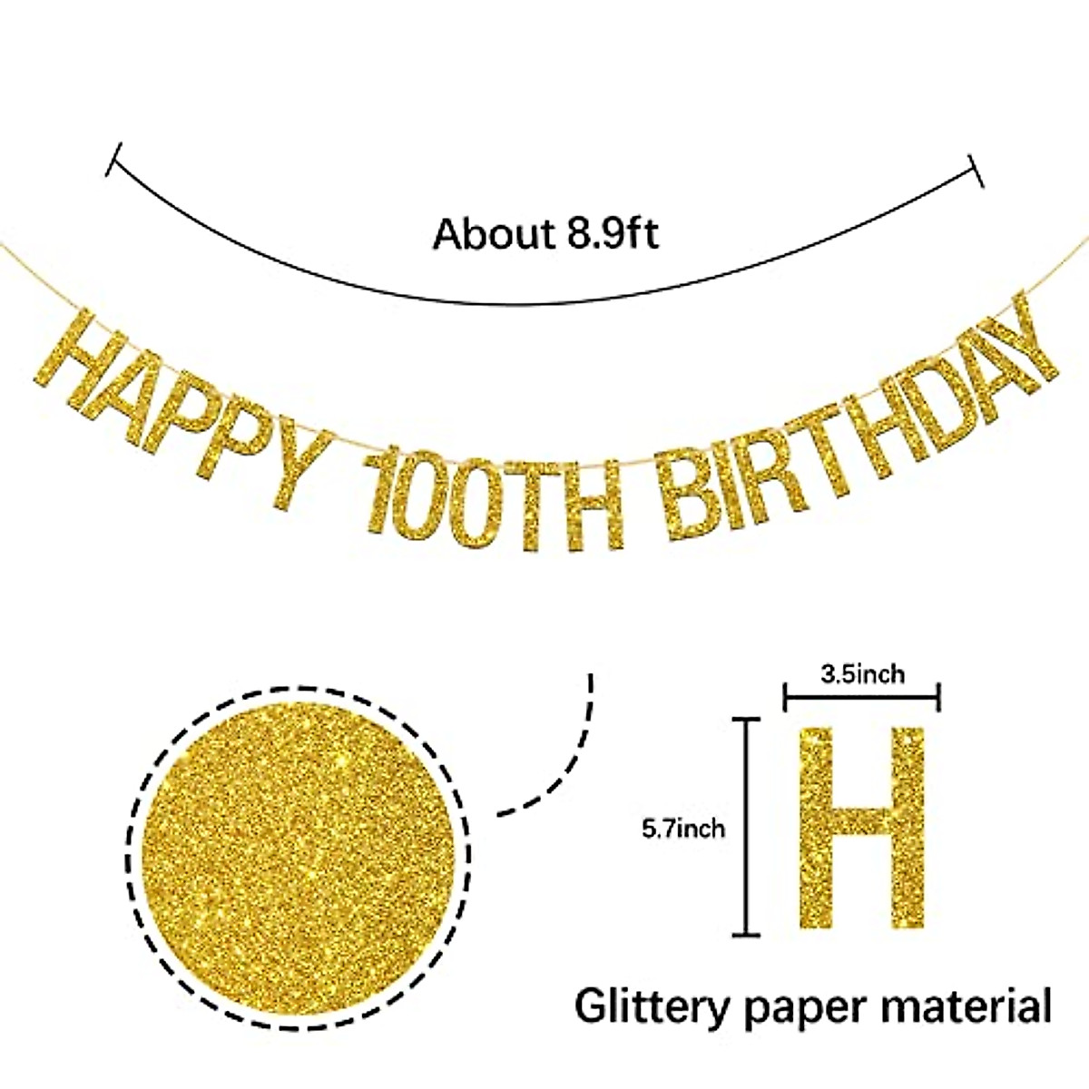 INNORU ™ Happy 100th Birthday Banner - Gold Glitter 100th Sign Letters Hang Bunting - 100th Birthday Party Decorations Supplies