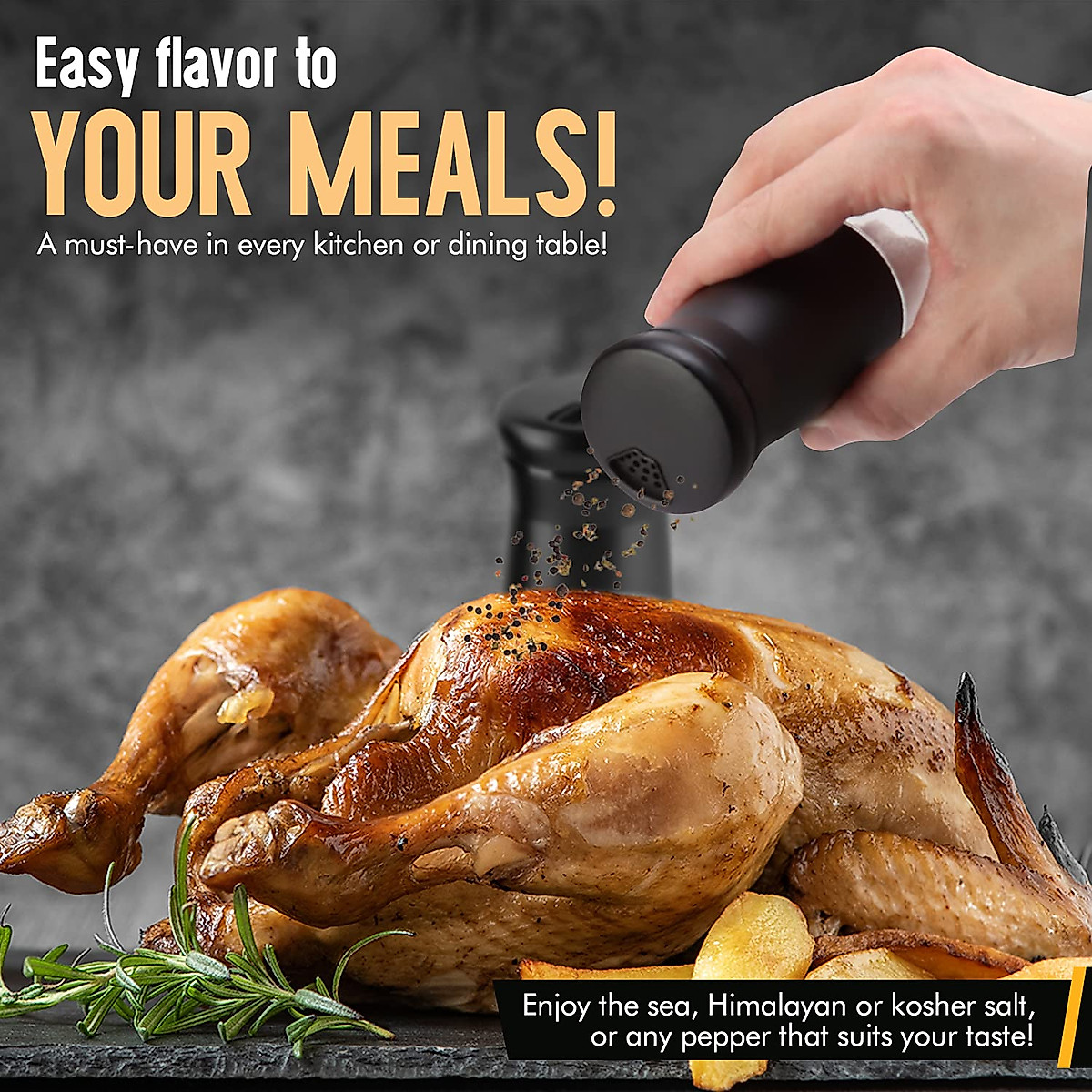 The Original Salt and Pepper Shakers set - Black -Spice Dispenser with Adjustable Pour Holes - Stainless Steel & Glass - Set of 2 Bottles