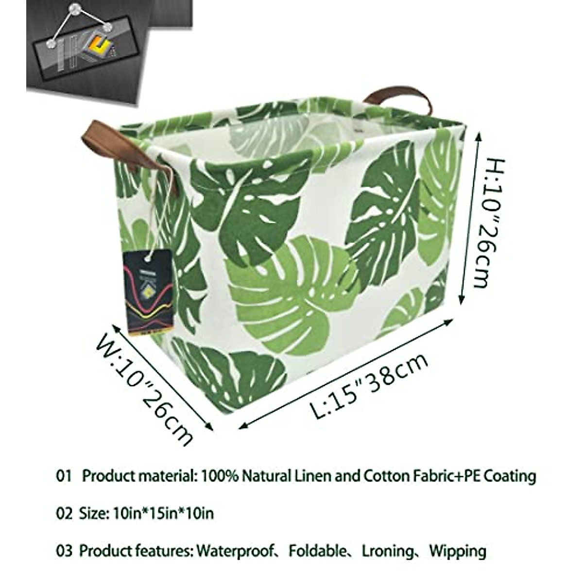 HKEC Rectangle Green Storage Basket,Clothes Basket with Handles, Collapsible Storage Box,Cute Canvas Toy Bin for Kids,Gift Basket,Room Decor(Banana leaf)