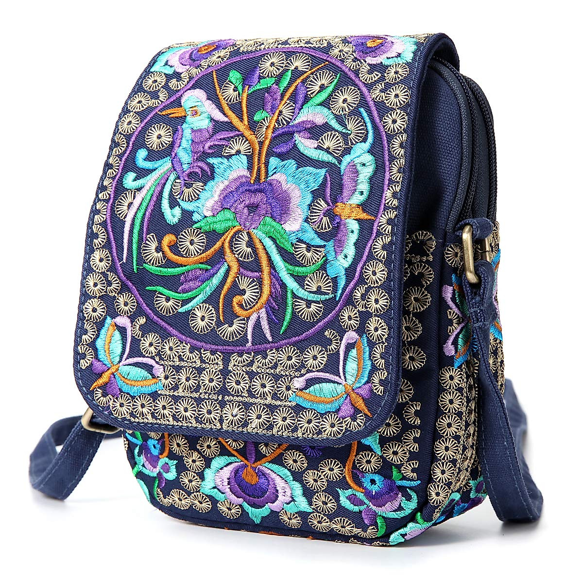 Embroidered Small Canvas Crossbody Bag Cell Phone Bag for Women Handmade Mini Shoulder Bag Wallet Bag Pouch(Blue)