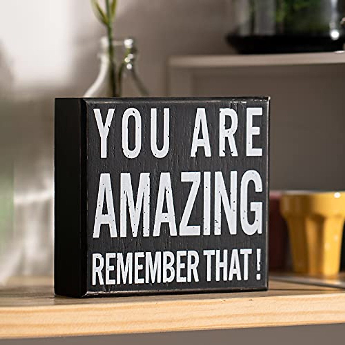 Wood Sign You are Amazing, Remember That Inspirational Wooden Sign 4.9 x 5.2 Inches Classic Box Sign (Black)