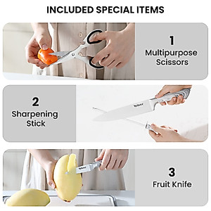 Velaze Knife Set with Block, 8 Pieces Stainless Steel Kitchen Knife Set with Spinning Block, Professional Chef Bread Knife Paring Knife Scissor Set, Built-in Sharpener, Grey…