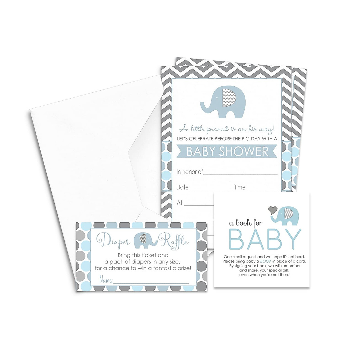 Paper Clever Party Blue Elephant Baby Shower Invitation Bundle with Blank Invites with Envelopes for Boys Diaper Raffle Tickets Bring a Book Insert Cards Set (25 of Each) Jungle Theme Royal Prince