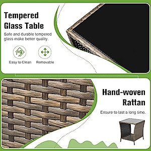 J-SUN-7 Patio Brown Wicker Side Table Outdoor Square Tempered Glass Top End Table with Storage for Patio Courtyard Balcony