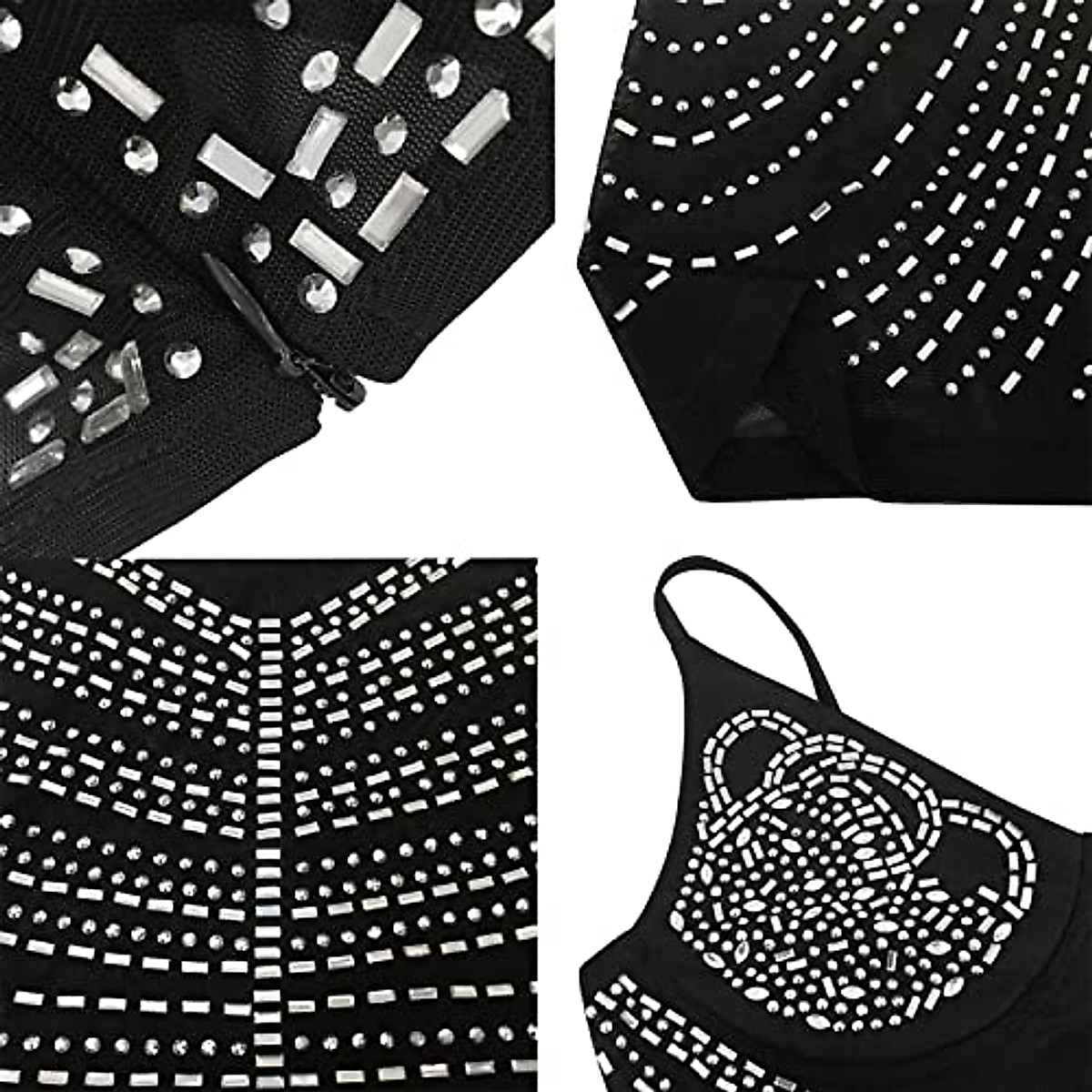 Uni Clau Women Sexy V Neck Halter Spaghetti Straps Rhinestone Hot Drilling Dress Mesh See Through Bodycon Party Club Night Out Maxi Dress Black M