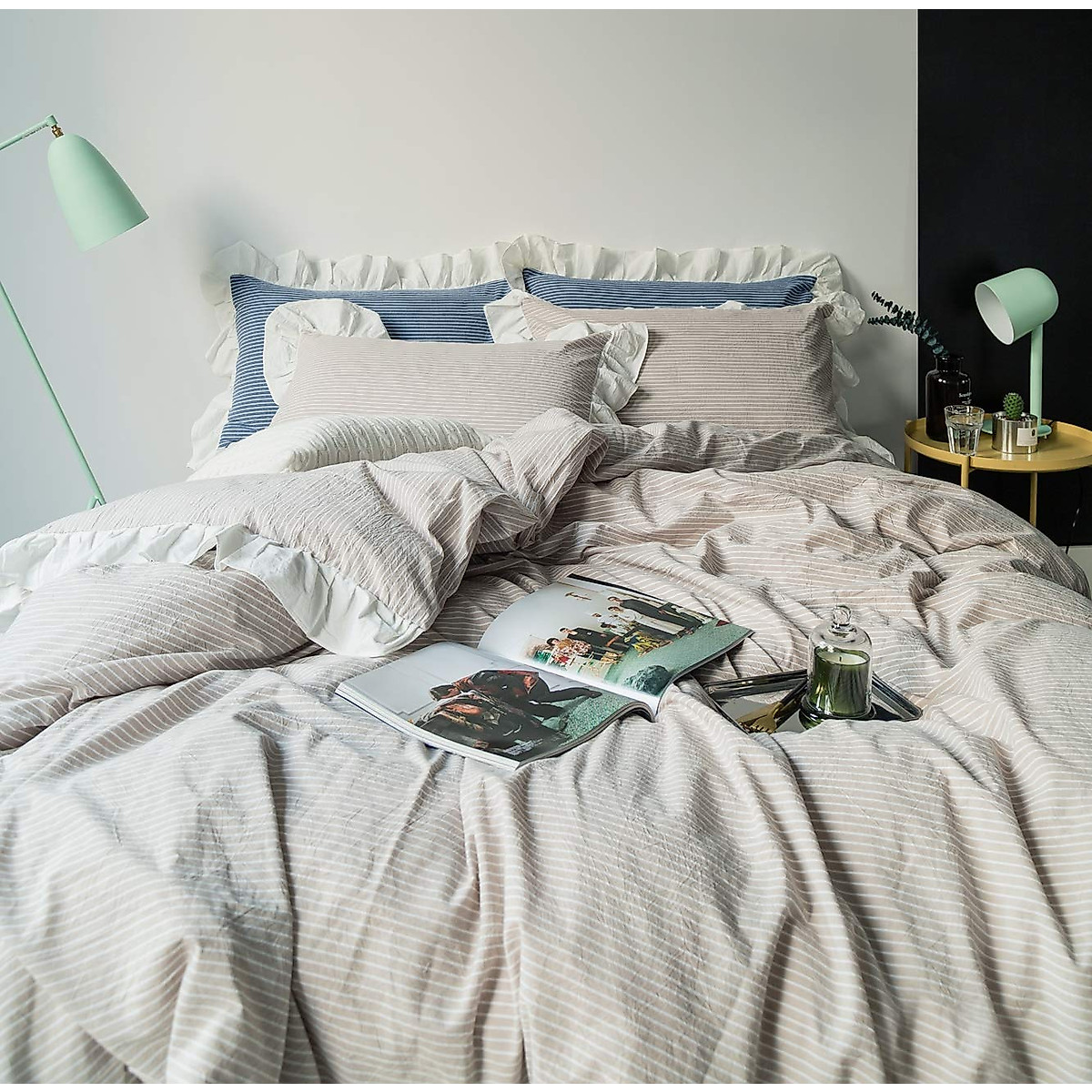 SUSYBAO Beige Ruffle Duvet Cover King 100% Washed Cotton Farmhouse Duvet Cover 3 Pieces Set 1 Striped Lace Duvet Cover with Zipper Ties 2 Pillow Shams Soft Vintage Romantic Ruffle Bedding Set