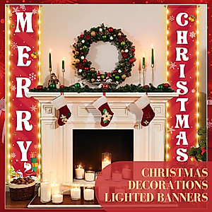 2 Pcs Christmas Hanging Porch Signs Banner with LED String Light Snowman and Santa Christmas Door Banner Xmas Banner for Indoor Outdoor Home Garage Wall Holiday Party Decorations (Snowflake)