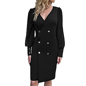Umenlele Women's Elegant Wrap V Neck Lantern Long Sleeve Double Breasted Blazer Bodycon Pencil Short Mini Dress Black Small