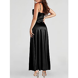 ANRABESS Women Formal Satin Elegant Spaghetti Strap Cowl Neck Bodycon Slit Sexy Prom Cocktail Wedding Guest Maxi Dress Evening Party Graduation Prom Dresses 923heise-S Black