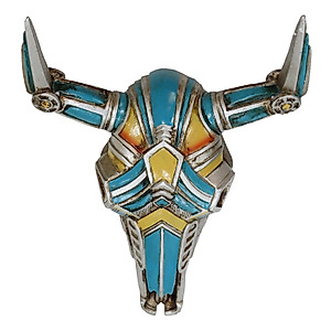 Ebros Gift Set of 2 Red and Blue Western Robotic Cyborg Horned Cow Skull 10" H Wall Decor Sculptures Wildlife Bisons Bulls Spirit Totem Accent Sculpture