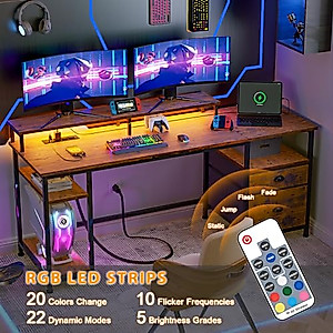 Furologee 61" Computer Desk with Power Outlet and USB Ports, Large Desk with Shelves and Drawer, Writing Study Desk with Fabric File Cabinet and Long Monitor Stand, Gaming Desk for Home Office