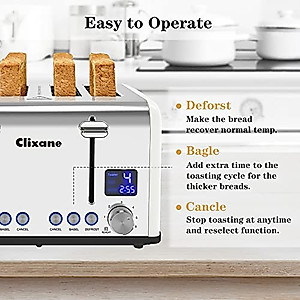 Toaster 4 Slice,1.5"Extra Wide Slot Stainless Toaster with Bagel Defrost Cancel Function, Dual Screen, Removal Crumb Tray (White)