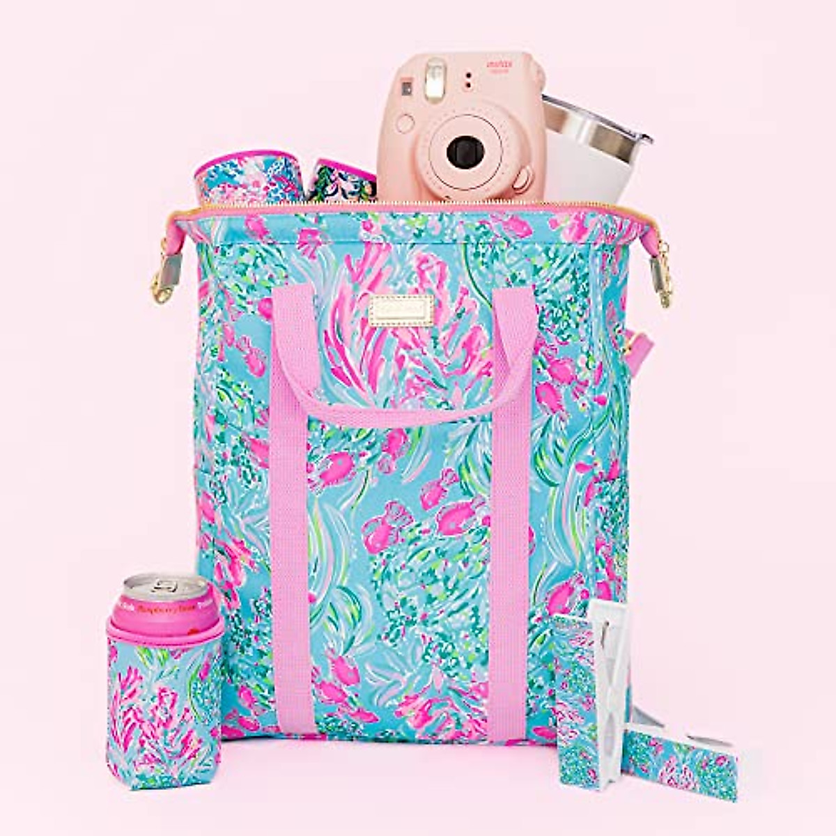 Lilly Pulitzer Insulted Backpack Cooler Large Capacity, Pink/Blue Portable Soft Cooler Bag for Picnics, Beach, Pool, Hiking, Best Fishes