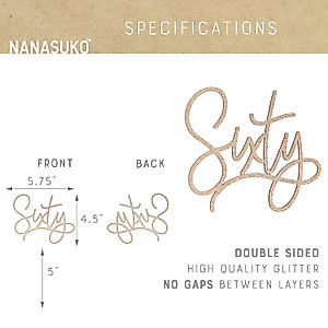 NANASUKO Modern Cursive 60th Birthday Cake Topper - sixty - Double Sided Rose Gold Glitter - Premium Quality Made in USA