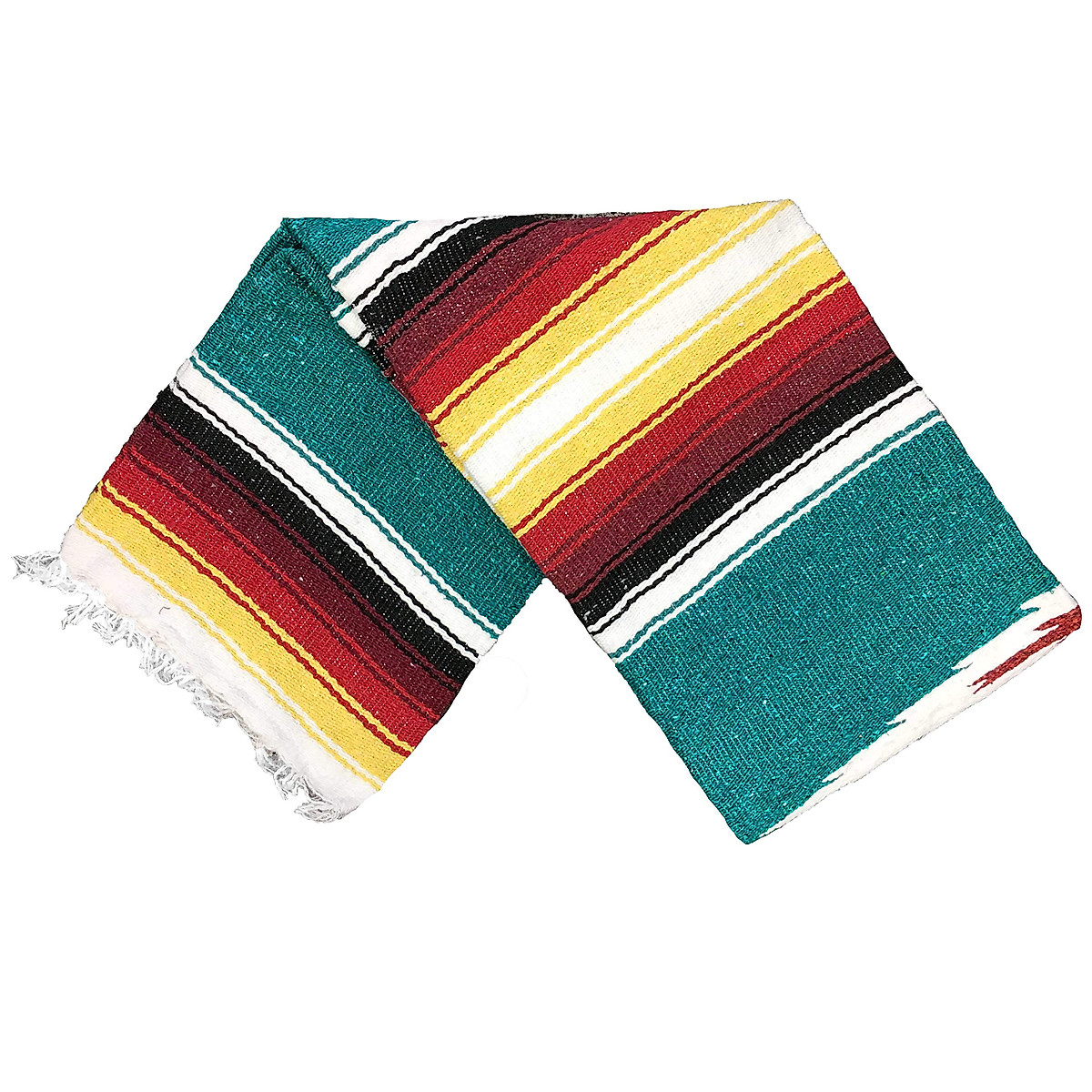 Open Road Goods Teal/Turquoise Diamond Mexican Yoga Blanket, Thick Serape with Red and Yellow Sunset Stripes - Handmade