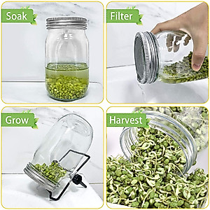 Sprouting Jar Kit, 2 Wide Mouth Mason Jars with Stainless Steel Strainer Lids Stands and Tray Germinator Set, Indoor Seed Sprouter Jar Kit for Growing Broccoli Beans