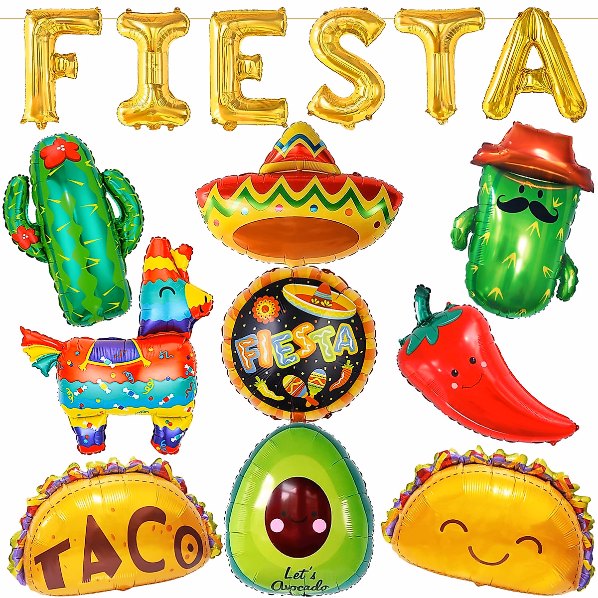 Fiesta Party Decorations Set, Big Taco Party Decorations Set - Pack of 15, Fiesta Taco Llama Cactus Avocado Chili Sombrero Balloons for Mexican Party Decorations, Mexican Theme Baby Shower Decorations