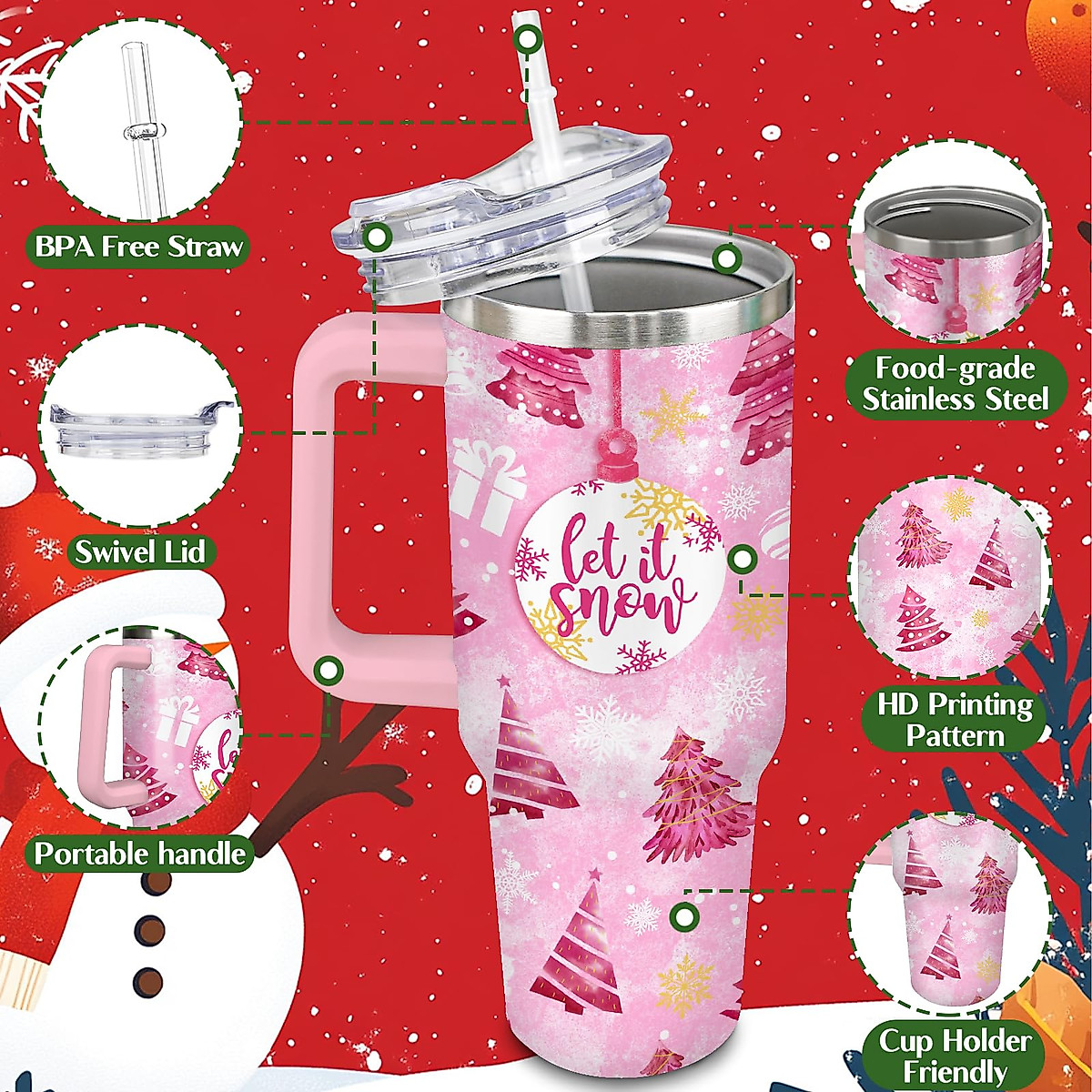qoepfnsh Christmas Tumbler 40 oz Christmas Tumblers with Handle and Straw Pink Christmas Tree Stainless Steel Insulated Coffee Cups Mugs Christmas Gifts Stuff Decor for Women Girls