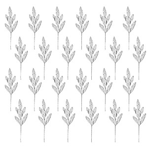 Dolicer 24PCS Artificial Silver Glitter Leaf Fake Plants Silver Leaves Christmas Glitter Leaf Spray Christmas Floral Vase Arrangement Bouquets for Christmas Tree Wedding Home Garden Party Gift Decor