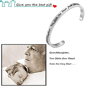 FEELMEM Granddaughter Bracelet Granddaughter, You Stole Our Heart from the Very Start Cuff Bangle Gift for Granddaughter Family Jewelry(Granddaughter Stole Heart-Silver)