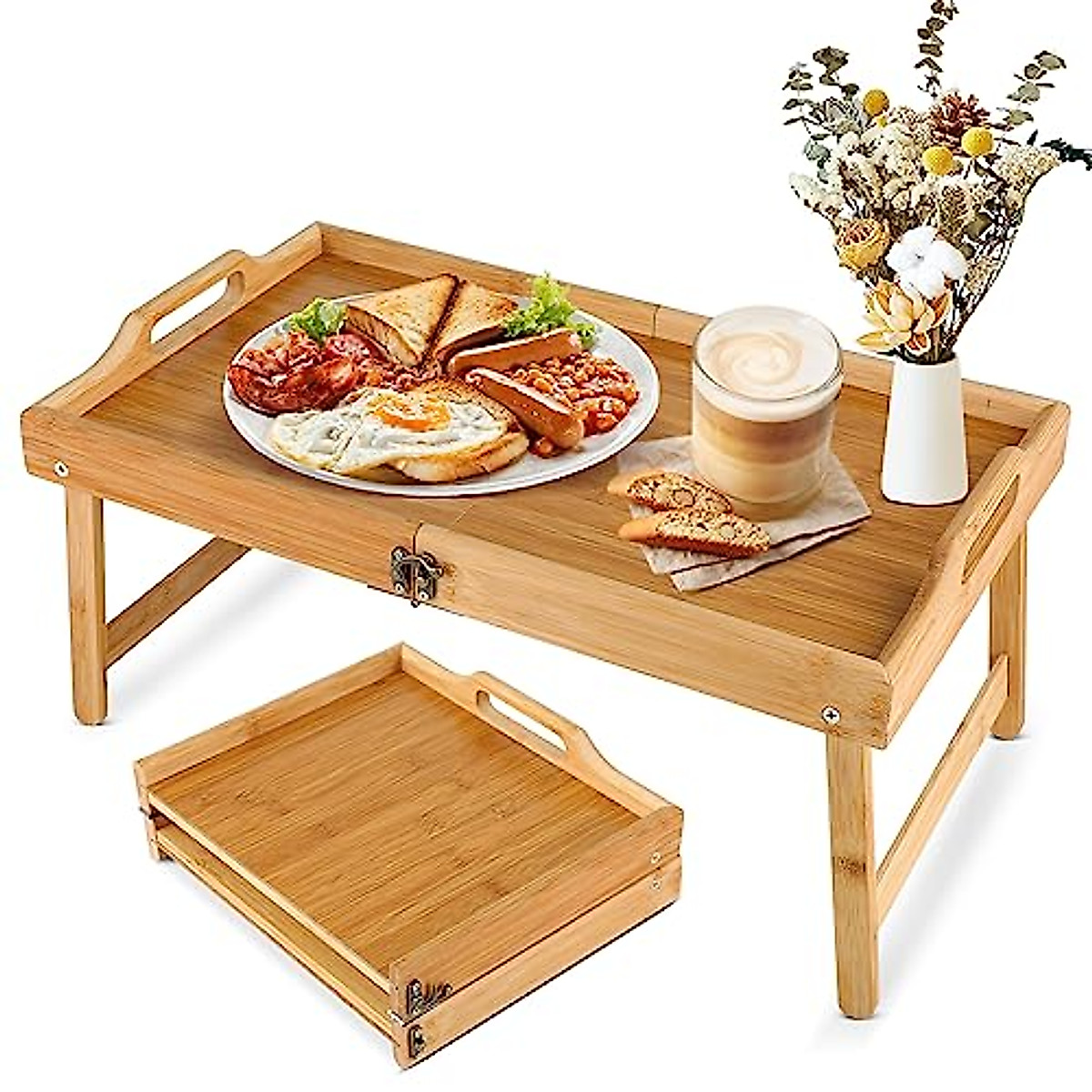 LIVSMON Foldable Bed Tray, Bamboo Breakfast Tray with Folding Legs, Serving Tray for Bed TV Table Desk Laptop Computer Snack Tray