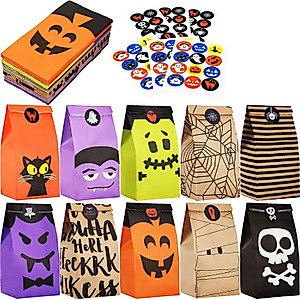 Outus 60 Pieces Halloween Goddie Bag Halloween Paper Gift Bags Trick or Treat Bags Party Favor Candy Bags with 66 Pieces Halloween Stickers