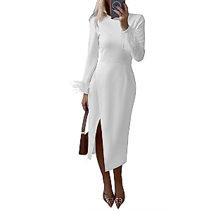 PRETTYGARDEN Women's 2024 Fall Long Sleeve Dress Formal Midi Bodycon Wrap Slit Feather Elegant Wedding Guest Cocktail Dresses (Beige White,Large)