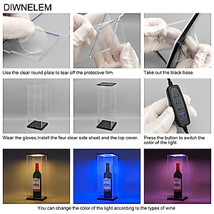 DIWNELEM Acrylic Wine Bottle Display Case with LED Light Display Stand Wine Display Case Protector Dustproof for Red Wine,Champagne,Liquor,Whiskey,Beer,Beverage Bottle (5.8 * 5.8 * 11.8")