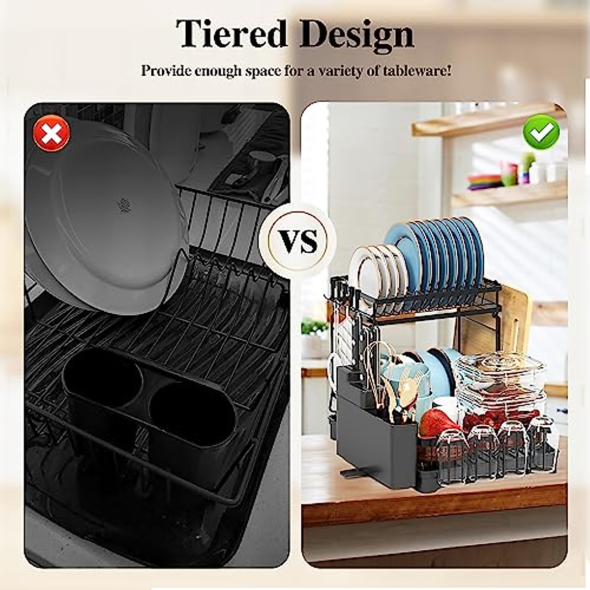Iwaiting Outdoor Dish Drying Rack, 2 Tier Dish Dryer Rack for More Space Saving, Large Dish Rack with Sink Drainer, Durable Metal Dishrack Set, Dish Racks for Kitchen Counter Black